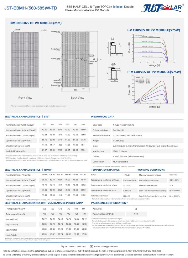 JUSTSOLAR Topcon Bifacial Mono Module Solar Panel JST-EBMH-(560-585)W-TD - JUST SOLAR
